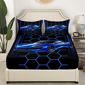 Honeycomb Geometry Full Size Fitted Sheet,Extreme Sports Theme 3 Pieces Kids Teenager Room Decor Blue Race Car Pocket 2 Pillowcases