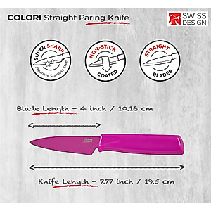 Kuhn Rikon Colori Non-Stick Straight Paring Knife with Safety Sheath, 4 inch/10.16 cm Blade, Dragon Fruit