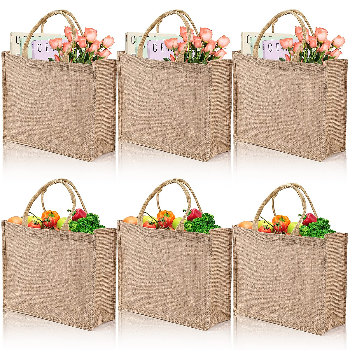 DEAYOU 6 Pack Jute Tote Bag, Burlap Gift Tote with Handle, Grocery Shopping Bag for DIY, Wedding,15.4''x12.2''x5.9''