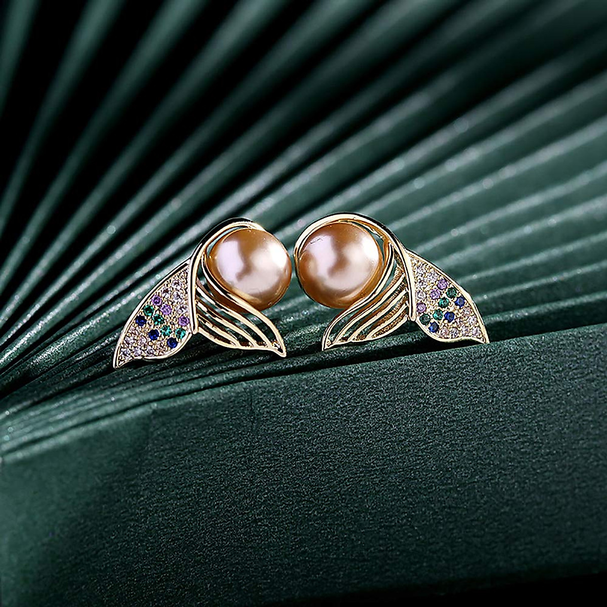 Huggie Mermaid Tail Shell Pearl Stud Earrings for Women 925 Sterling Silver Post Colorful Cubic Zirconia Hypoallergenic Small Fish Fin Stud Cartilage Faux Pink Pearls Ocean Sea Jewelry