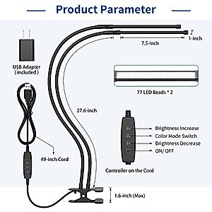 iZELL 154 LED Dimmable Desk Lamp - 【3 Colour Temperatures & 10 Brightness Levels】 2X 70cm Flexible Gooseneck with USB Charger, Easy Clip on Reading Light, Led Table Lamp, Work Lamp for Home/ Office