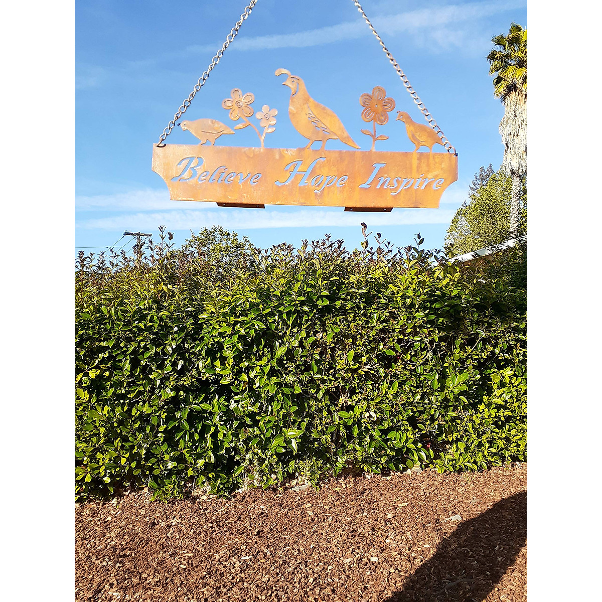 California Home and Garden CH303 Hanging Metal Quail Family Believe-Hope-Inspire Sign with Flowers, Rustic Look Artwork, 20 Inch Wide, Brownish Red