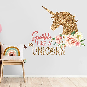 Sparkle Gold Unicorn Wall Decor - Flower Wall Decals - Unicorn Gifts for Girls Bedroom - Unicorn Sticker Wall Decals - Baby Nursery Decor Wall Art Vinyl Removable KA1649 (20"W x 18"H (50x45cm))