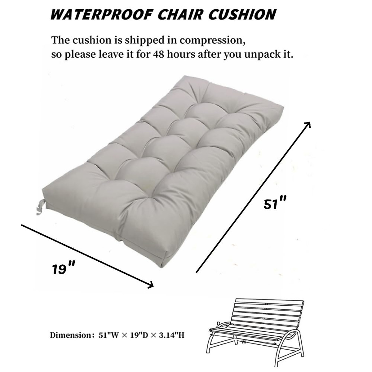 SEAHOME Waterproof Indoor/Outdoor Garden Bench Seat Cushions,Tufted Loveseat Cushion for Patio Furniture,Swing, Wicker, Garden Bench, Indoor, Shoe Storage, Window (51.1 X 19.6 Inch, Light Grey)