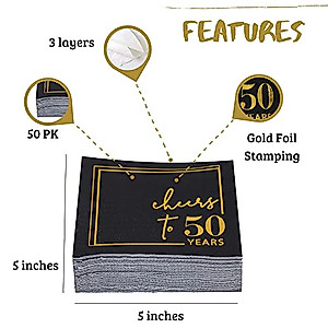 Cheers to 50 Years Cocktail Napkins - 50PK - 3-Ply 50th Birthday Napkins 5x5 Inches Disposable Party Napkins Paper Beverage Napkins for 50th Birthday Decorations Wedding Anniversary Black and Gold