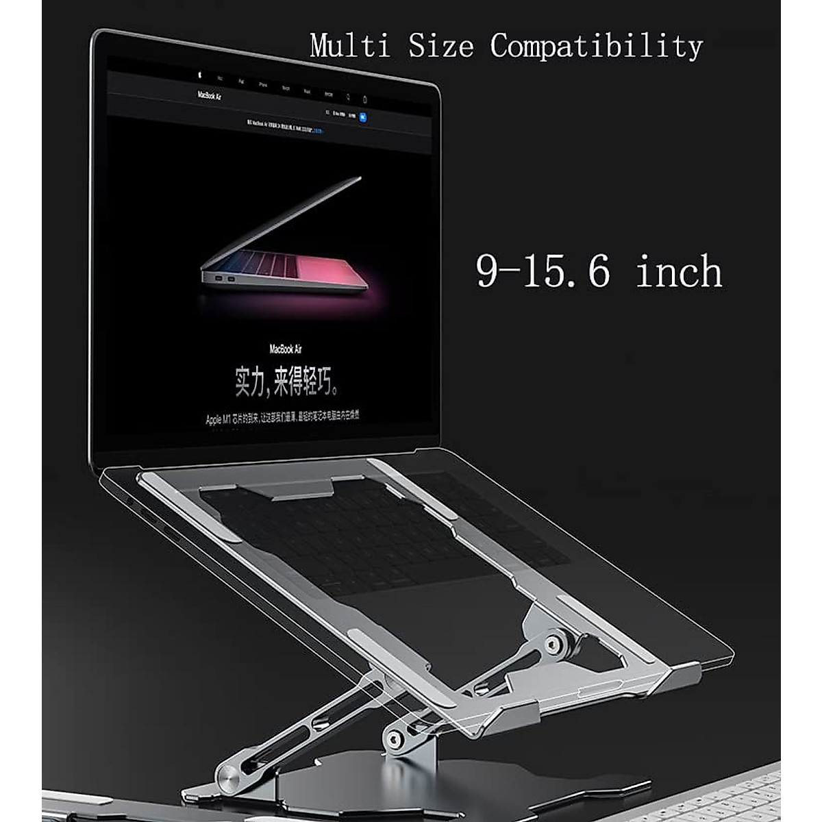 YICOSUN Laptop Stand, Adjustable Ergonomic Portable Aluminum Laptop Holder, Foldable Computer Stand Anti-Slip Laptop Riser Compatible with 9-15.6 inch Laptops, Silvery
