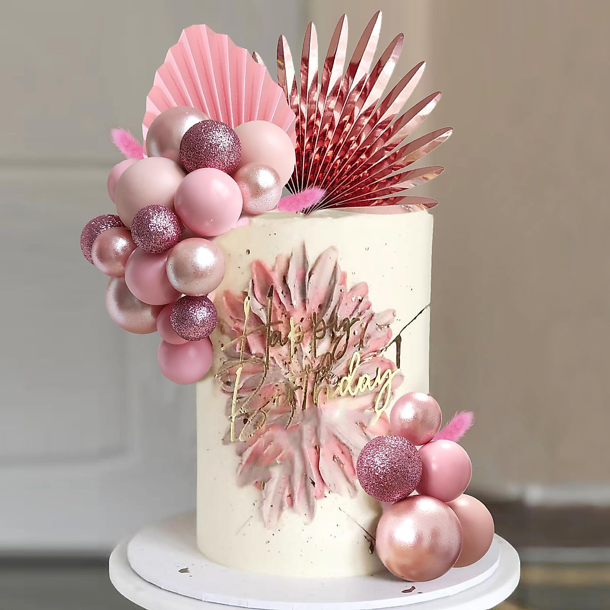 38 PCS Balls Cake Toppers Palm Leaves Cake Decorations for Birthday Wedding Baby Shower Party Supplies Mother's Day (Rose Gold)