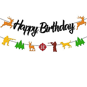 Ohiviaaa Deer Hunting Banner Gone Hunting Hunter Camping Themed for Kids Boy Girl Men Happy Birthday Party Supplies Black Glitter Decorations