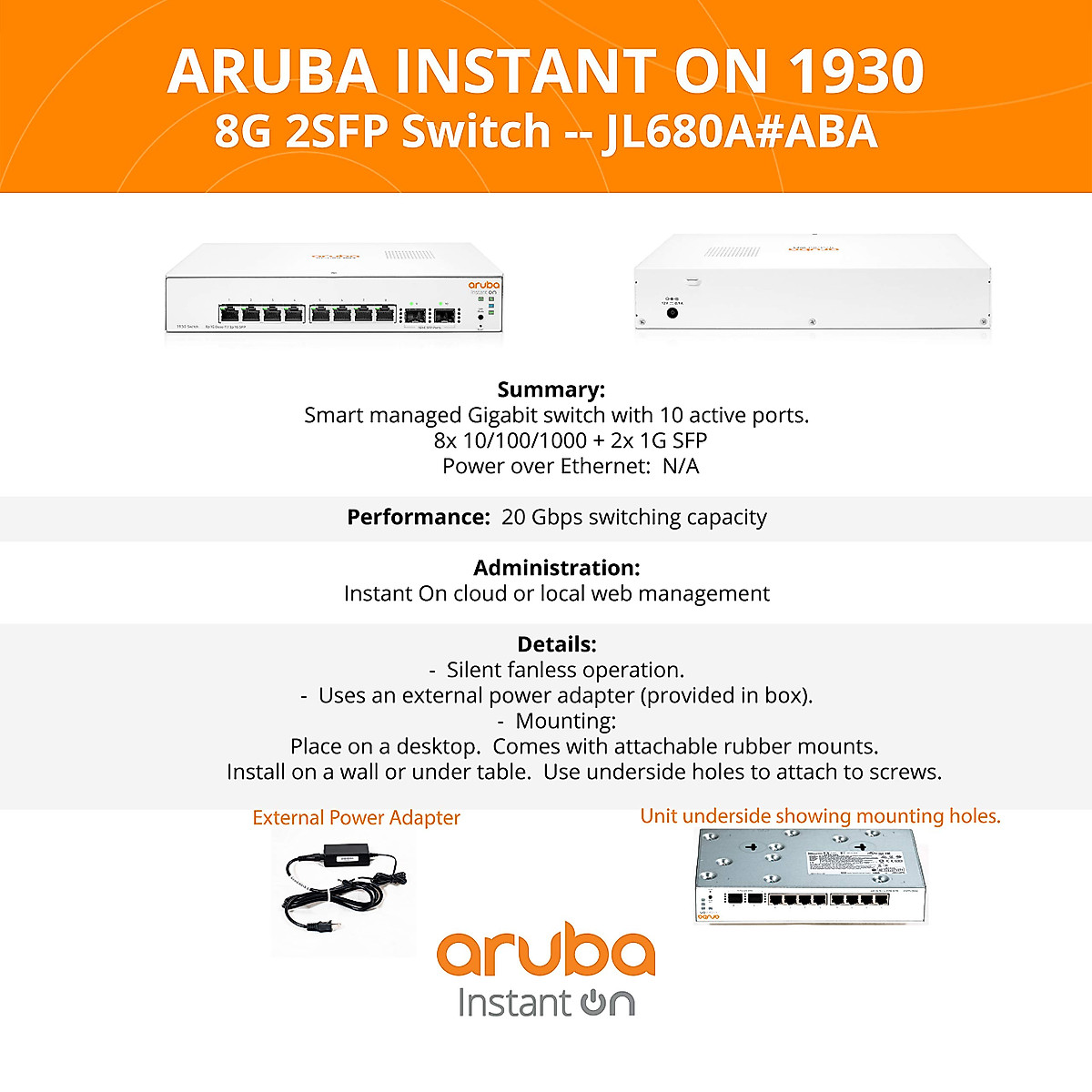 Aruba a Hewlett Packard Enterprise company Instant On 1930 8-Port Gb Ethernet 8 x GE, 2X 1G SFP, L2+ Smart Switch US Cord (JL680A#ABA)