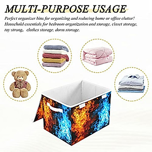 Kigai Red and Blue Fire Storage Basket with Lid Collapsible Storage Bin Fabric Box Closet Organizer for Home Bedroom Office 1 Pack
