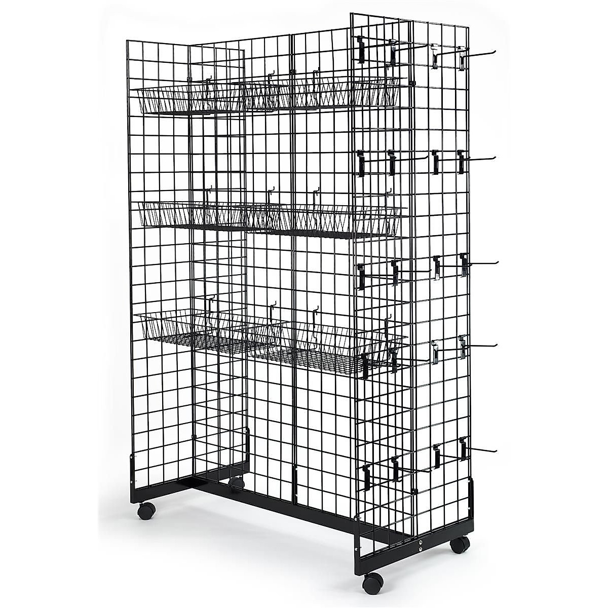 Only Hangers Gridwall Panel Display Fixture with Gondola Base - Black Grid Gondola Unit with Casters
