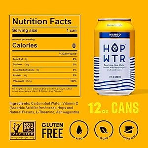 HOP WTR Sparkling Hop Water, Mango 12 Pack, Sugar Free, Low Carb Non Alcoholic Drinks, NA Beer, Adaptogen Drink, No Calories, Adaptogens & Nootropics for Added Benefits, 12 oz Cans