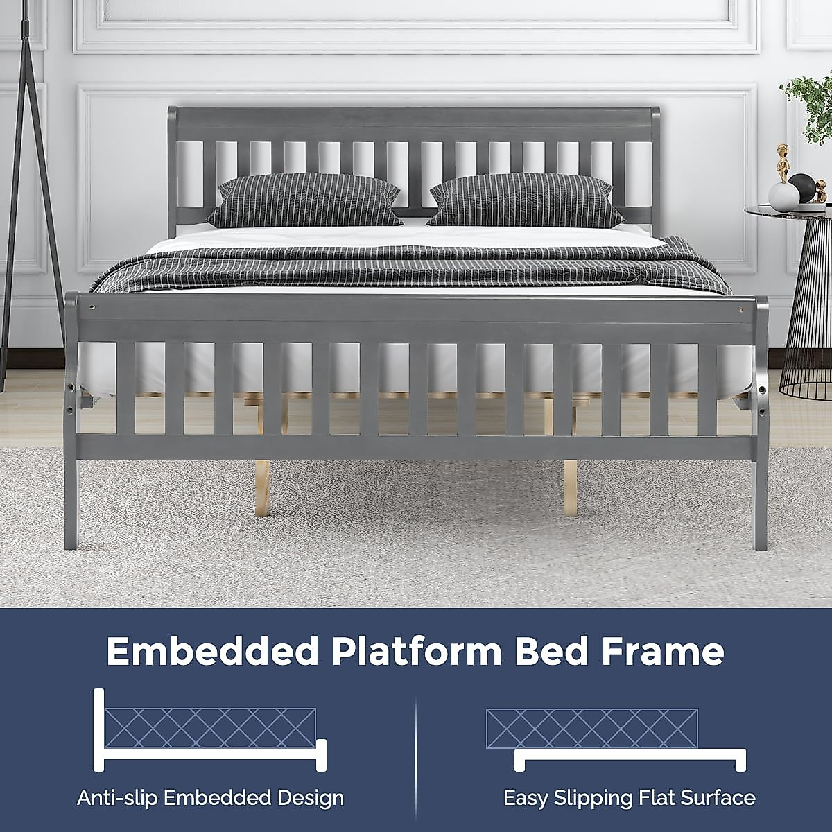 IULULU Queen Bed Frame, Solid Wood Platform Bed Frame with Headboard & Footboard, Queen Size Mattress Foundation with Wooden Slats Support, Easy Assembly, No Box Spring Needed, Light Grey