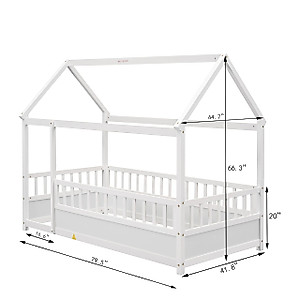 Twin Size Floor Montessori Bed for Kids, Wooden Twin House Floor Bed Frame with Rails Fence, Kids Twin Floor Bed Playhouse Bed Frame for Girls, Boys, White