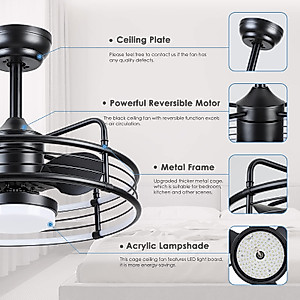 Mpayel Caged Ceiling Fan - Black Modern Ceiling Fans with Remote, Reversible and Dimmable, Low Profile Flush Mount Ceiling Fan with 6-Speed, Bladeless Enclosed Led Fan Light for Bedroom, Kitchen