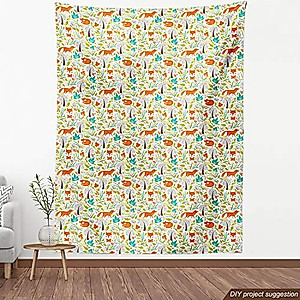 Ambesonne Cartoon Fabric by The Yard, Wild Fox Wolf with Leaves Flowers and Leafless Trees Print, Decorative Fabric for Upholstery and Home Accents, 1 Yard, Orange Green and Blue