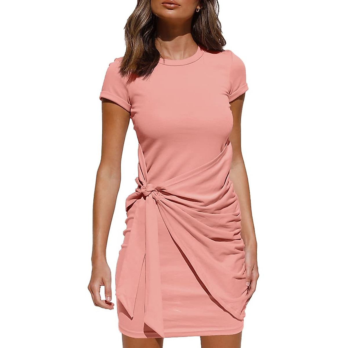 LILLUSORY Womens Casual Short Sleeve T Shirt Dress 2025 Summer Bodycon Wrap Ruched Mini Night Out Sundress Pink M