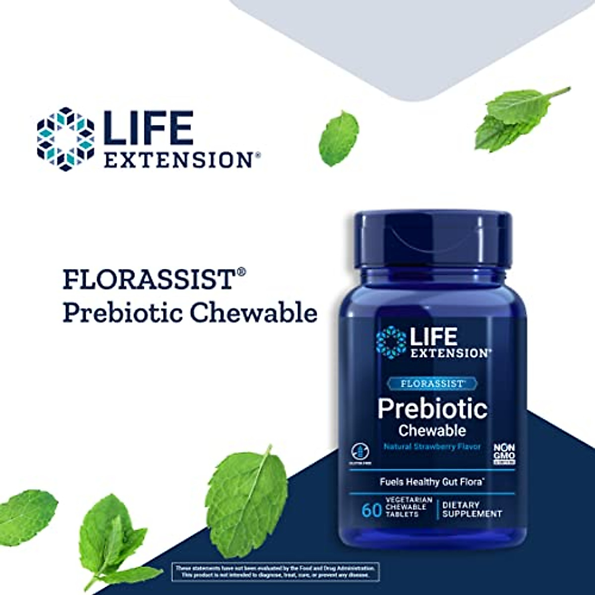 Life Extension FLORASSIST Prebiotic Chewable (Strawberry) - Microbiome Prebiotics Supplement for Intestinal, Colon & Digestive Health - Non-GMO, Gluten-Free, Vegetarian – 60 Chewable Tablets