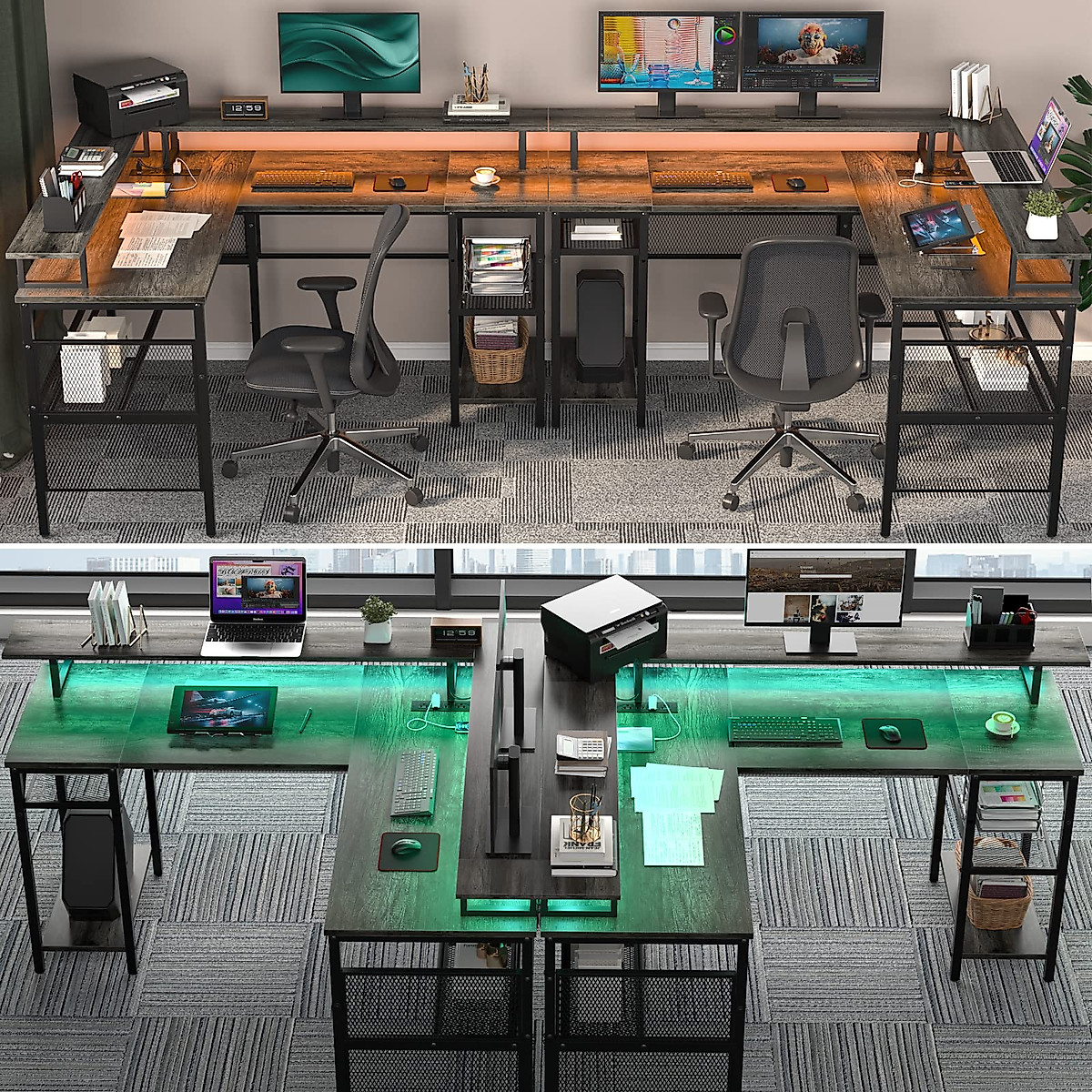 Unikito Cool L Shaped Computer Desk, Reversible Corner Office Desk with Smart Strip Light and Magic Power Outlets, Sturdy Ergonomic Gaming Table with Monitor Stand and Storage Shelf, Grid Design, Gray