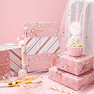 LeZakaa Reversible Birthday Wrapping Paper Roll - Happy Birthday Lettering & Stripe Design with Metallic Foil in Pink - 17 inches x 32.8 Feet (46.45 sq.ft.)