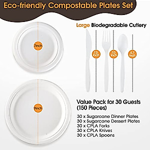 FOCUSLINE 150 Count Compostable Paper Plates and Utensils 30 Guest, Heavy-Duty Disposable Bagasse Plates Eco-Friendly Biodegradable Cutlery, Natural Eco-friendly Compostable Dinnerware