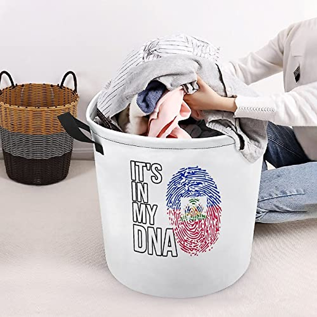 It's in My DNA Haiti Flag Large Laundry Basket Hamper Bag Washing with Handles for College Dorm Portable