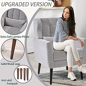 QKFF Accent Chair Set of 2, Upholstered Armchair with Pillow, Fabric Single Sofa Chair with Lounge Seat and Wood Legs Accent Chair for Living Room Small Spaces (Grey, Set of 2)