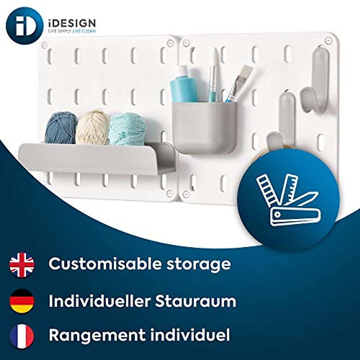 iDesign Cade BPA-Free Plastic Modular Hanging Pegboard Organizer Grid, 26" x 13" x 0.5", Matte White