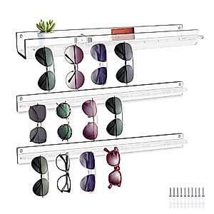 HONZUEN Acrylic Sunglasses Organizer 3 Pack, Clear Sunglasses Storage Holder Wall Mounted, Eyeglasses Holder Hanging Display Rack with Shelf, Eyewear Necklace Hanging for Entryway Living Room Bedroom