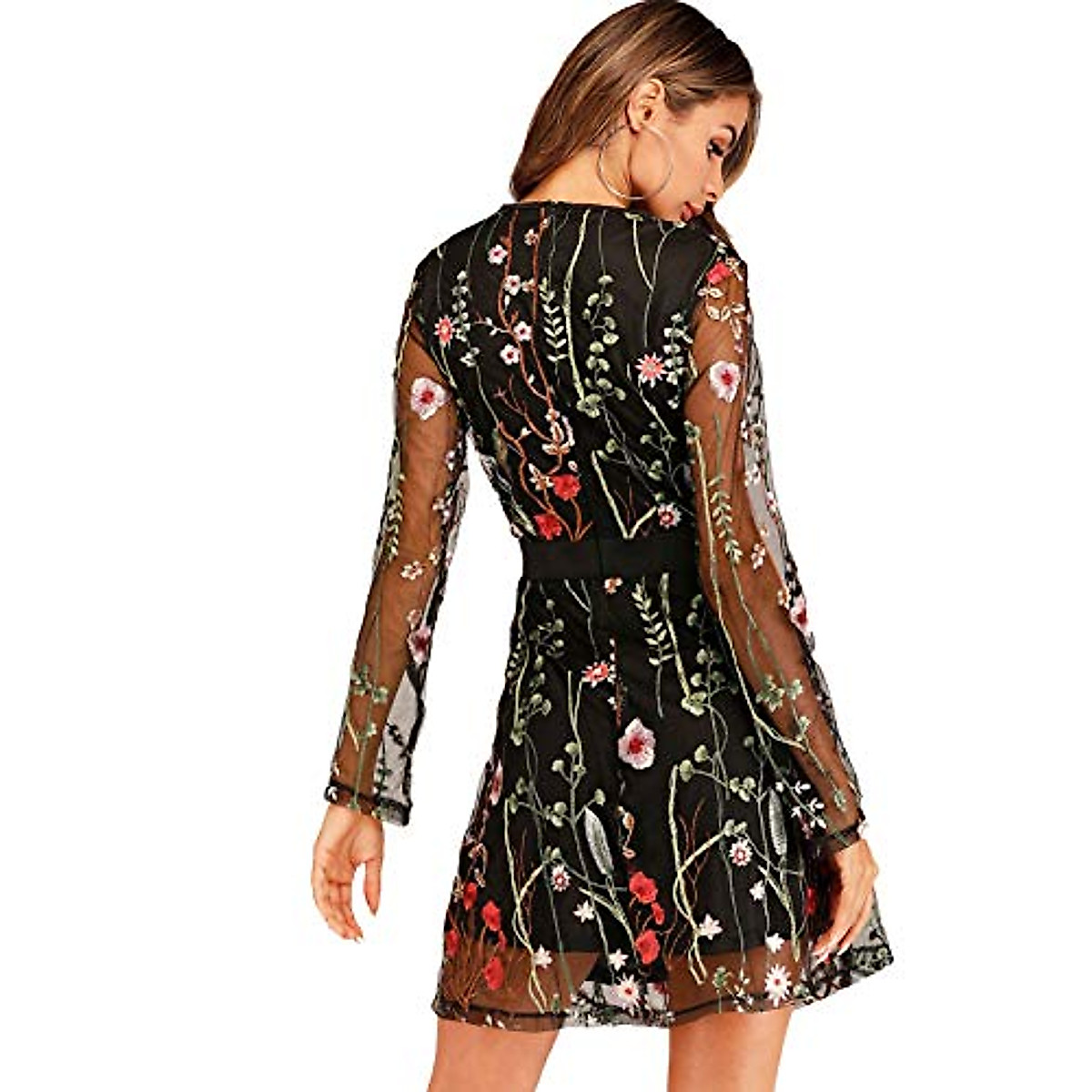 Milumia Women's Floral Embroidery Mesh Round Neck Tunic Party Dress Black Small