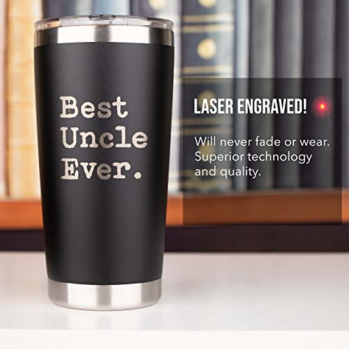 JENVIO Uncle Gifts | Best Uncle Ever | 20oz Stainless Steel Laser Etched Travel Tumbler/Mug Sliding Lid and 2 Straws | Funny Fathers Day Gift for Uncle From Niece, Nephew, Sister (20 Ounce)