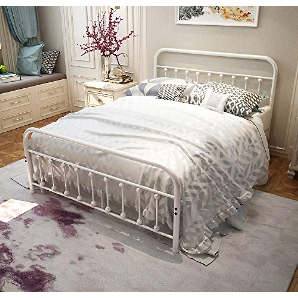 NEEBIRGELIA White Metal Bed Frame Queen Size with Headboard and Footboard Single Platform Mattress Base,Metal Tube and Iron-Art Bed（Queen,Grayish White）