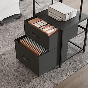 WASAGUN L Shaped Desk with 2 Fabric Drawers, Power Outlet & USB Ports, Corner Gaming Desk with LED Light, Reversible Computer Desk with Monitor Stand & Hook, Home Office Work Desk, Black