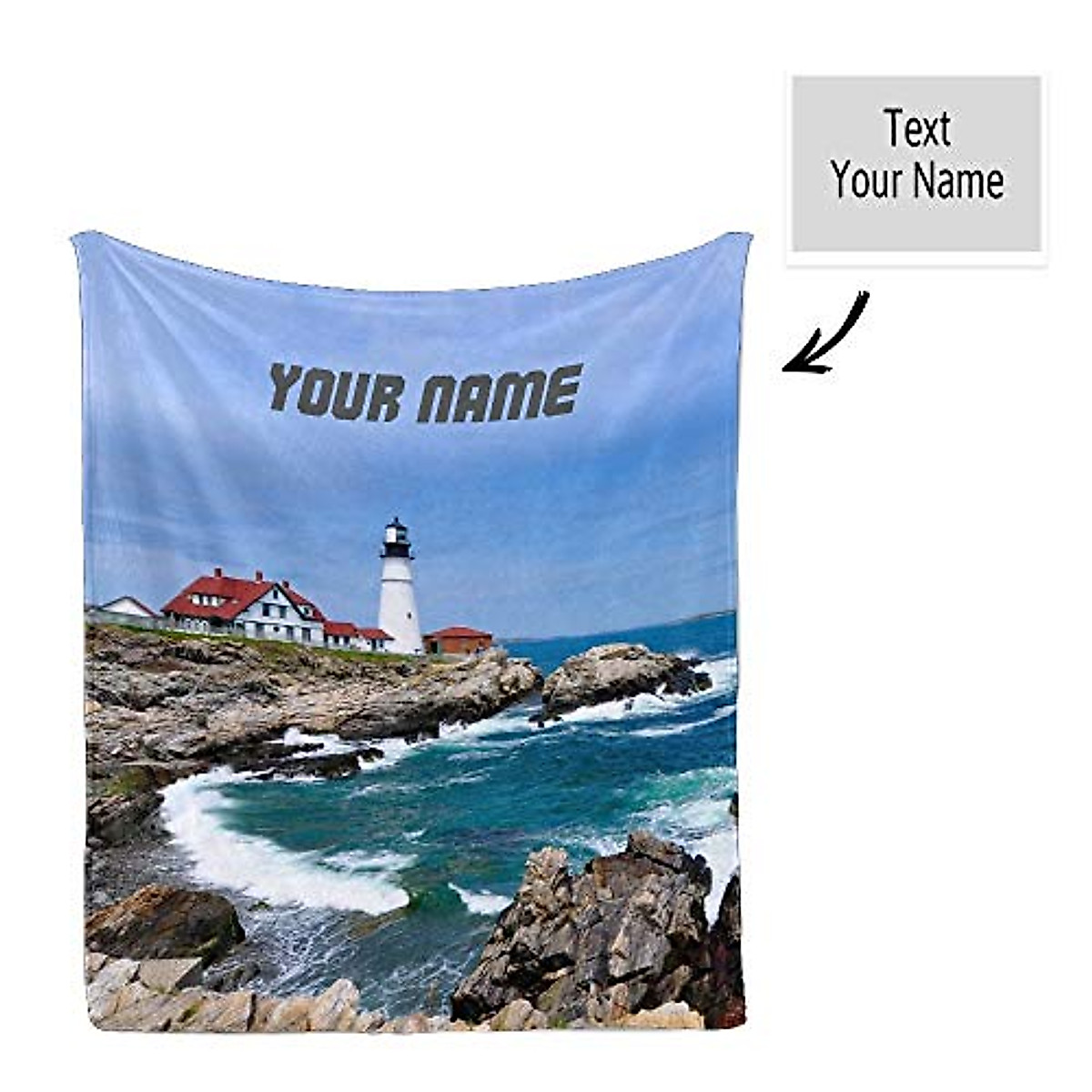 CUXWEOT Custom Blanket with Name Text,Personalized Beautiful Sea Lighthouse Super Soft Fleece Throw Blanket for Couch Sofa Bed (50 X 60 inches)