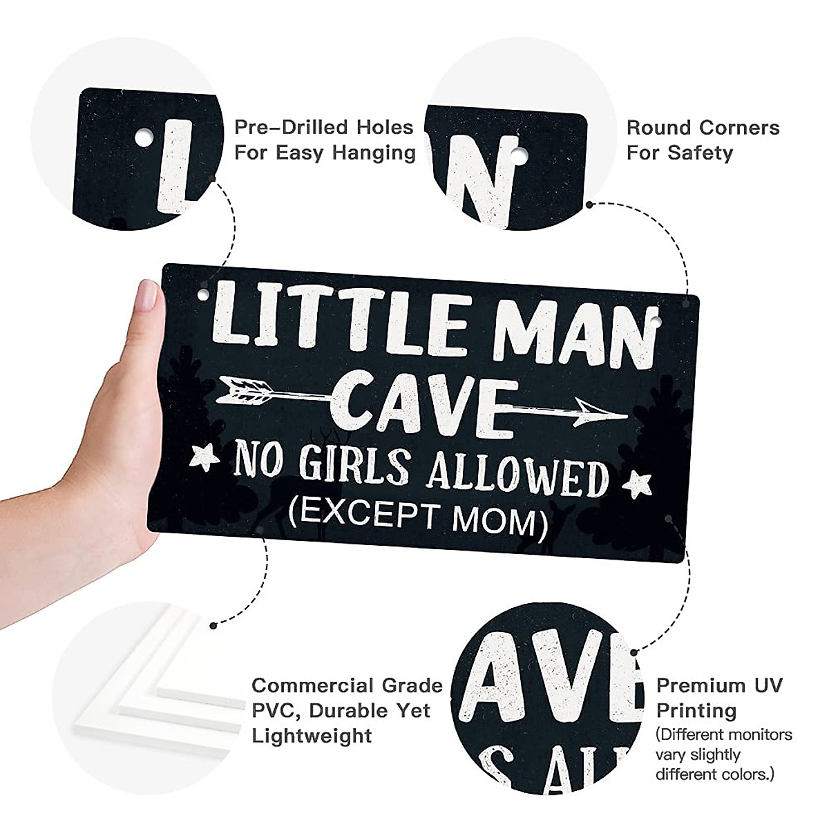 Putuo Decor Little Man Cave Sign, Boys Room Wall Decor for Kids, Toddler Boys, Baby, 10x5 Inches PVC Hanging Plaque Gift (No Girls Allowed Except Mom - 2)