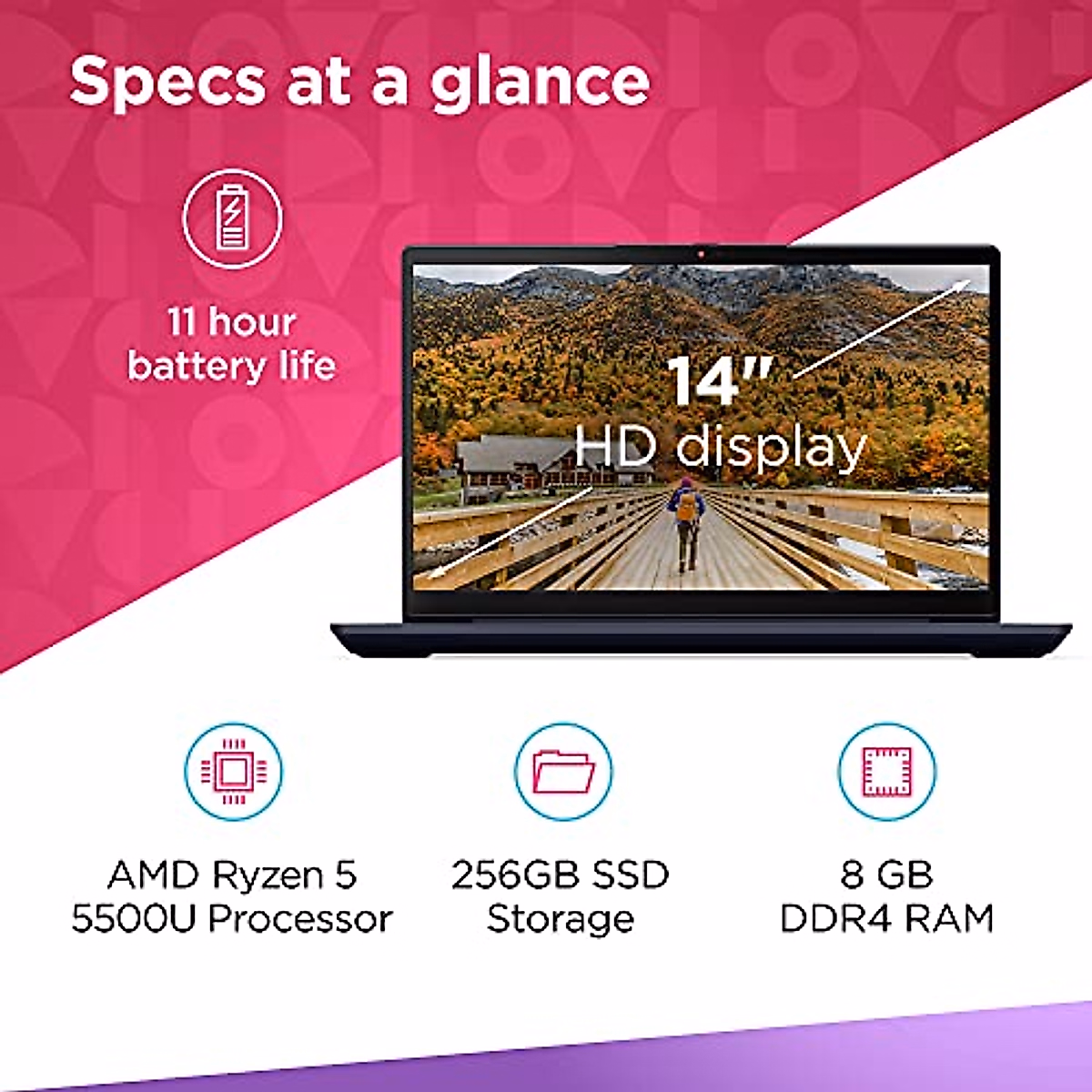 Lenovo IdeaPad 3 14 Laptop, AMD Ryzen 5 5500U, 8GB RAM, 256GB Storage, 14.0" FHD Display, AMD Radeon 7 Graphics, Windows 10 Home, Abyss Blue