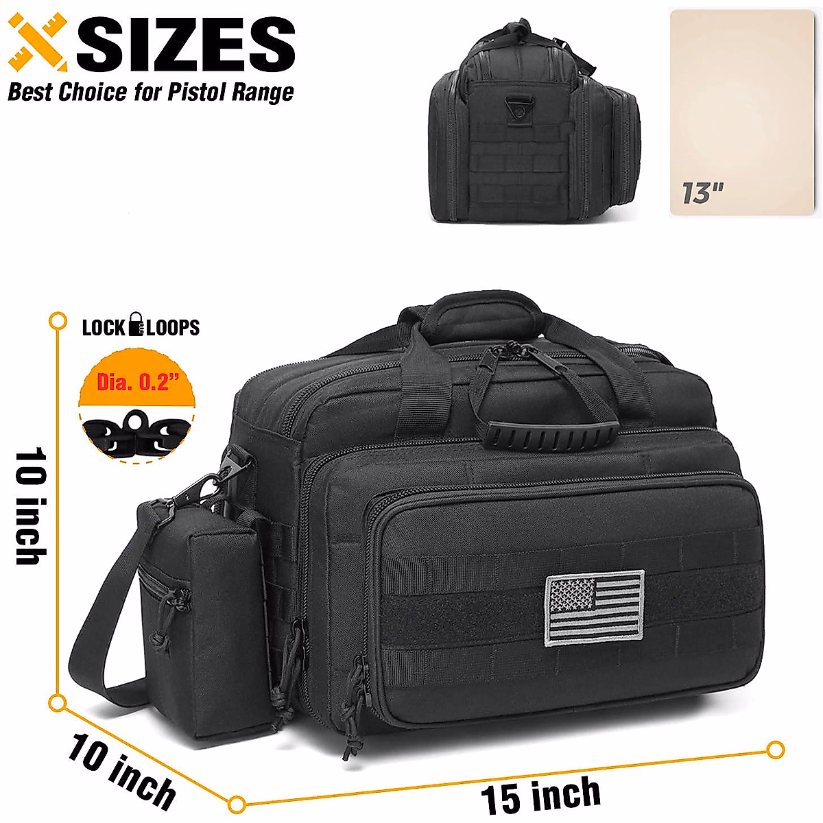 DBTAC Gun Range Bag Deluxe Middle Size | Tactical 2~4 Pistol Shooting Range Duffle Bag with Lockable Zipper for Handguns and Ammo (Black)