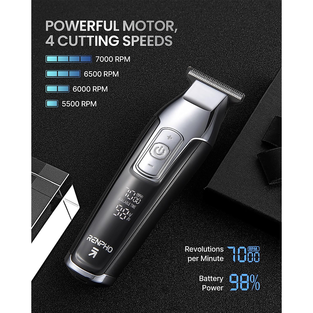 RENPHO Cordless Hair Clippers for Men, Beard Trimmer with LED Display, 4-Speed Hair Trimmer for Men, 0.15mm Professional Barber Clippers, Hair Cutting Kit, 100-240V for Global Travel