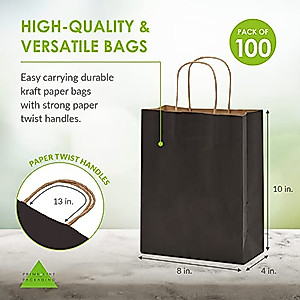 Black Gift Bags - 8x4x10 Inch 100 Pack Small Black Kraft Paper Shopping Bags with Handles, Plain Mini Totes for Small Business, Retail, Boutique Merchandise & Supplies, Birthday Party Gift Wrap, Bulk