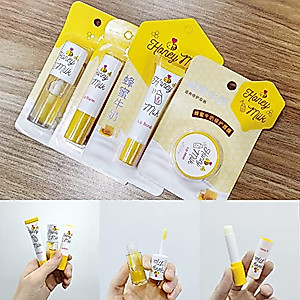 LSxia 4 Piece Honey Milk Lip Mask Lip Balm Lip Scrub Lip Oil Lip Care Kit, Moisturizing & Nourishing Dry and Cracked Lips, Overnight Sleeping Lip Exfoliator Lip Moisturizer Lip Repair Holiday Gift Set