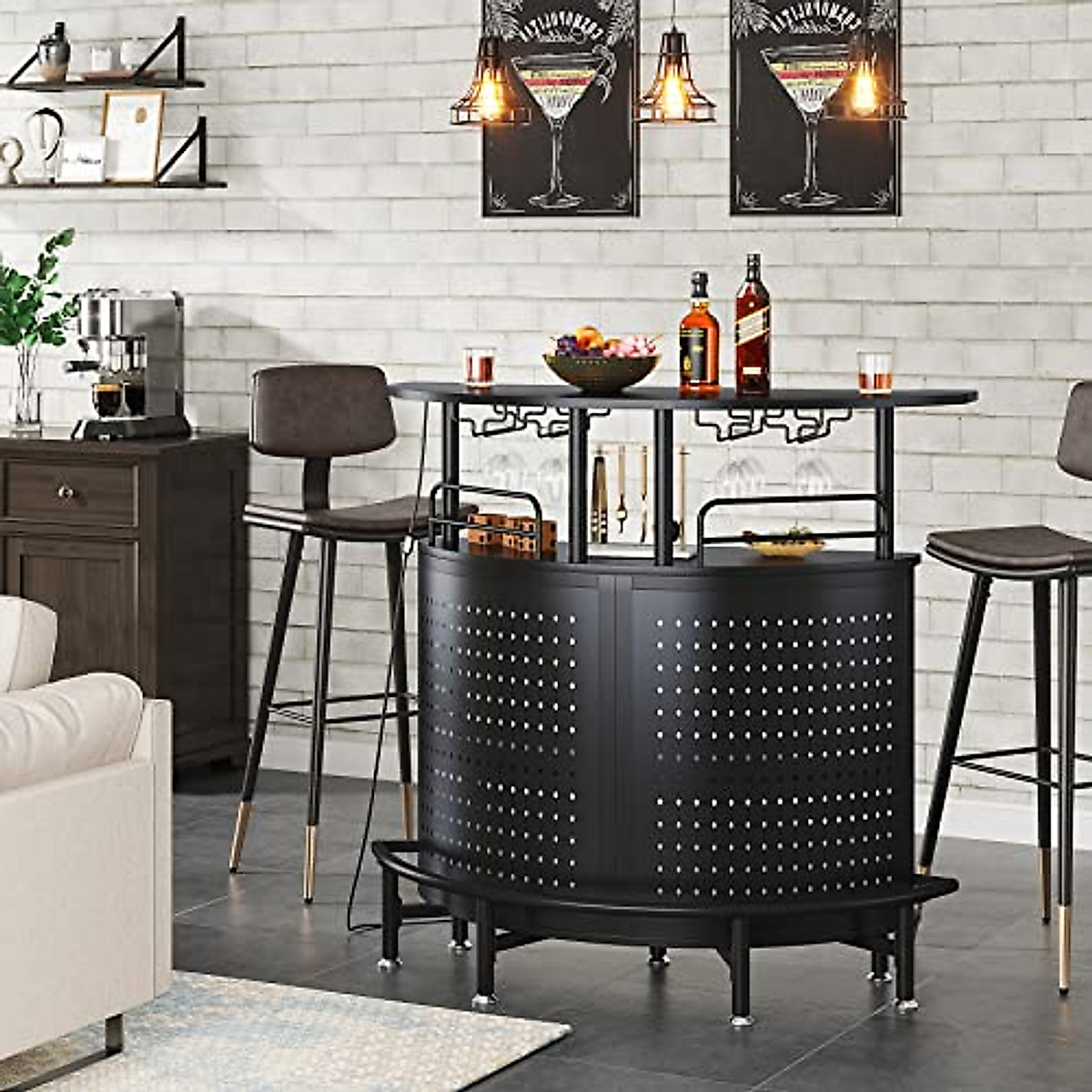 Tribesigns Home Bar Unit with LED Lights, 3 Tier Liquor Bar Table with Stemware Racks & Wine Storage Shelves, Smart Alcohol Bar Counter Wine Bar Cabinet Mini Bars for Home Kitchen Pub, Black