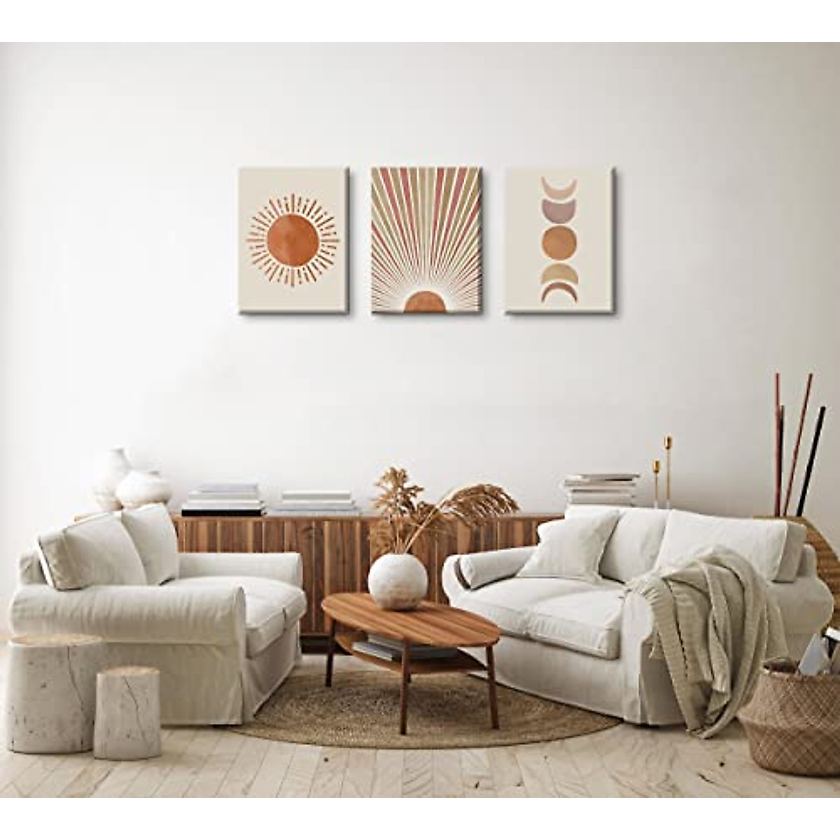 Boho Prints Sun Wall Art - Mid Century Moon Phase Canvas Paintings for Home Decoration Bohemian Framed Abstract Artwork 3PCS 12x16 Inches Pictures for Teens Bedroom Dorm Living Room Bathroom Painting