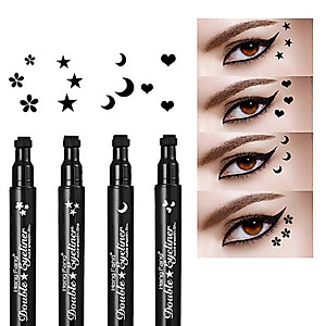 FATUXZ Double-headed Liquid Eyeliner Pen Stamp Super Slim Gel Felt Tip Waterproof Long Lasting Makeup Tool(Heart/Moon/flower/Star Shape Stamp Pen, 4 Styles/Set)