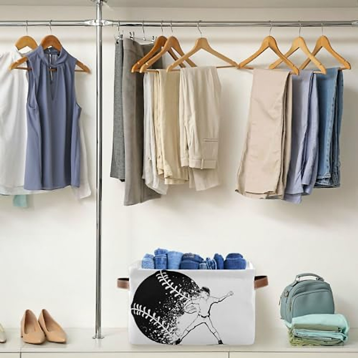 Sletend Baseball Sport Rectangular Storage Bin Foldable Sturdy Organizer Basket with Leather Handles for Organizing Home Office Nursery-1Pack