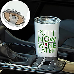JENVIO Golf Gifts for Women | Putt Now Wine Later | Stainless Steel Wine/Coffee Tumbler | Funny Female Valentines Themed Stuff for Golfing Golfers (White, 20 Ounce)