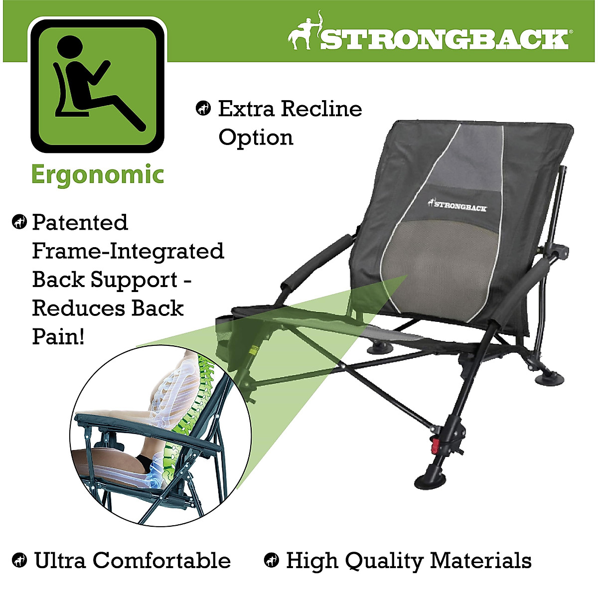 STRONGBACK Beach Chairs - Low Gravity Recliner Portable Beach Chair - with Built-in Lumbar Support - Heavy Duty Folding Beach Chairs - Great for Travel - Black