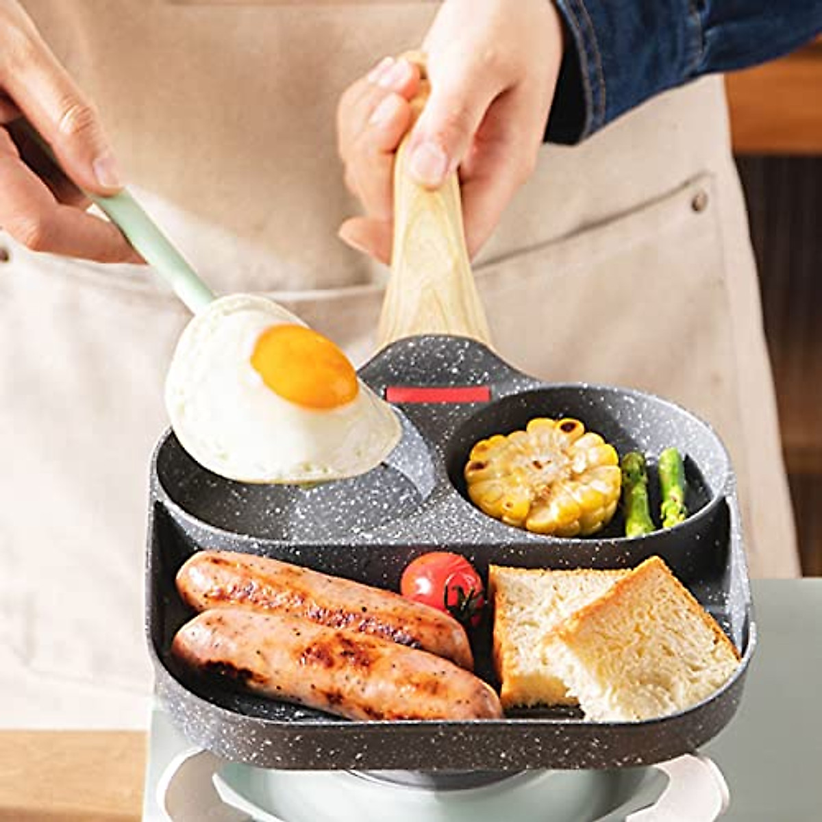 Nonstick Ceramic Frying Pan, Egg Frying Pan Heat Sensitive Silicone Aluminium Pancake Frying Pan with Comfortable Handle for Gas Stove and Induction Cookware (3 Holes)