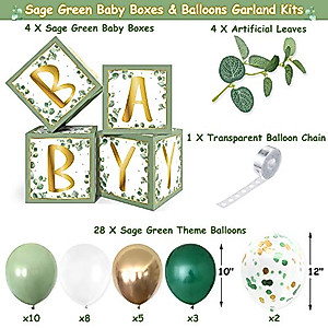 Levfla Sage Green Baby Balloons Boxes Decoration Baby Shower Backdrop Blocks Gender Reveal Photo Props Green Eucalyptus Gold White Boy Girl B-Day Favor Ideas