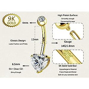 OUFER 14G Belly Rings, 9K Solid Gold Belly Button Rings, Heart Navel Rings, Internally Threaded Long Belly Piercing Jewelry for Women and Men-12MM