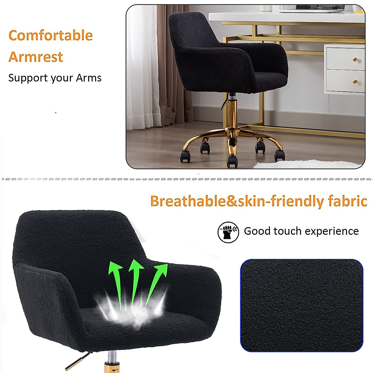 Modern Faux Fur Home Office Chair, Upholstered Swivel Chair Makeup Vanity Chair for Teen Girls Swivel Desk Chair with Gold Base, Height Adjustable Leisure Elegant Office Chair, Black